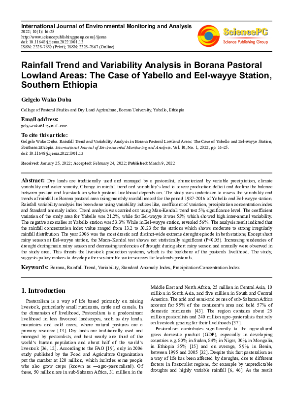 (PDF) Rainfall Trend and Variability Analysis in Borana Pastoral Lowland Areas: The Case of ...