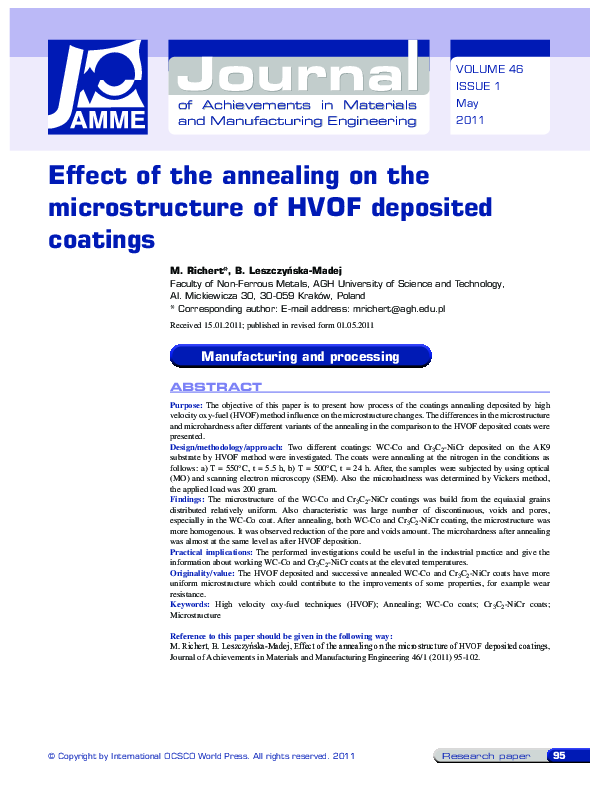 (PDF) Effect of the annealing on the microstructure of HVOF deposited ...