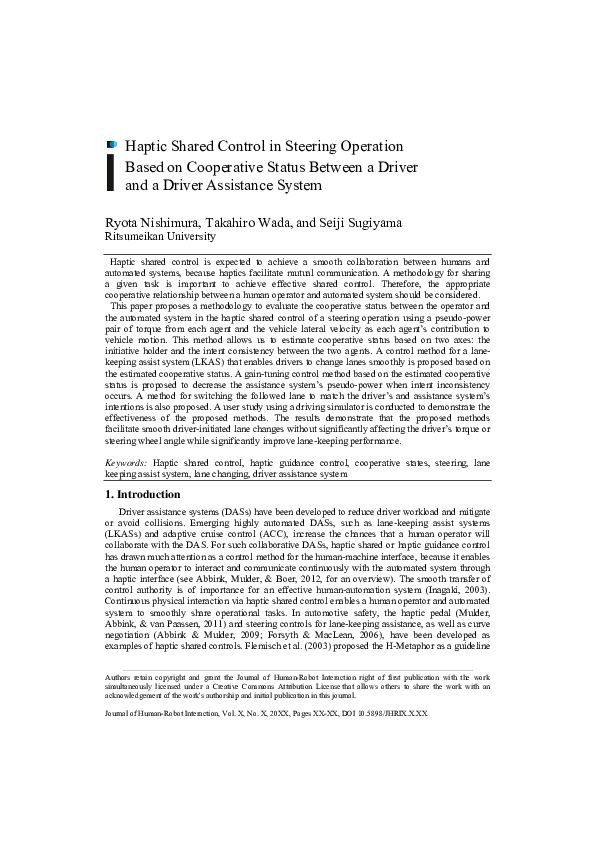 (PDF) Haptic Shared Control in Steering Operation Based on Cooperative Status Between a Driver ...