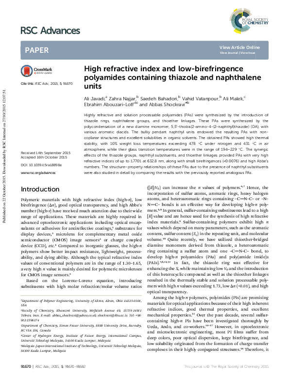 (PDF) High refractive index and low-birefringence polyamides containing ...