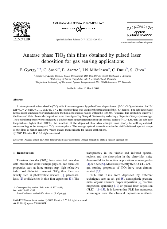 Pdf Anatase Phase Tio2 Thin Films Obtained By Pulsed Laser Deposition For Gas Sensing Applications