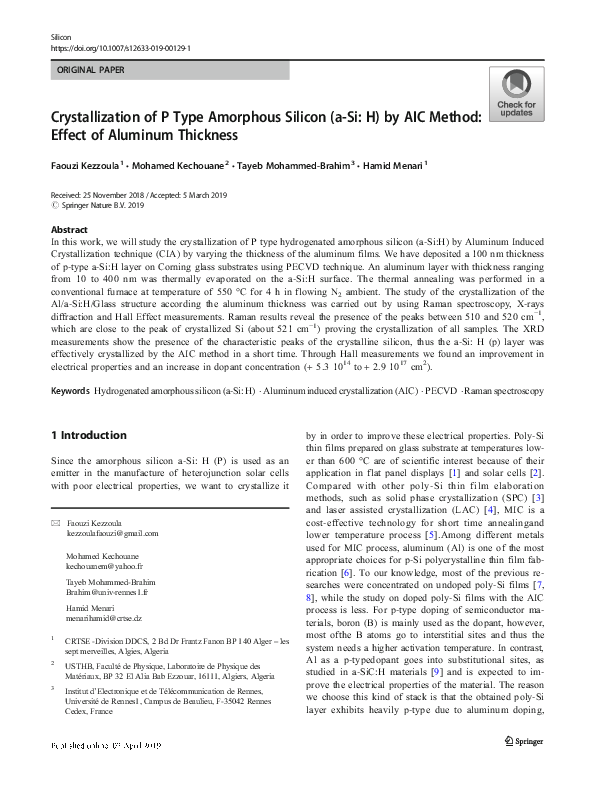 (PDF) Crystallization of P Type Amorphous Silicon (a-Si: H) by AIC ...