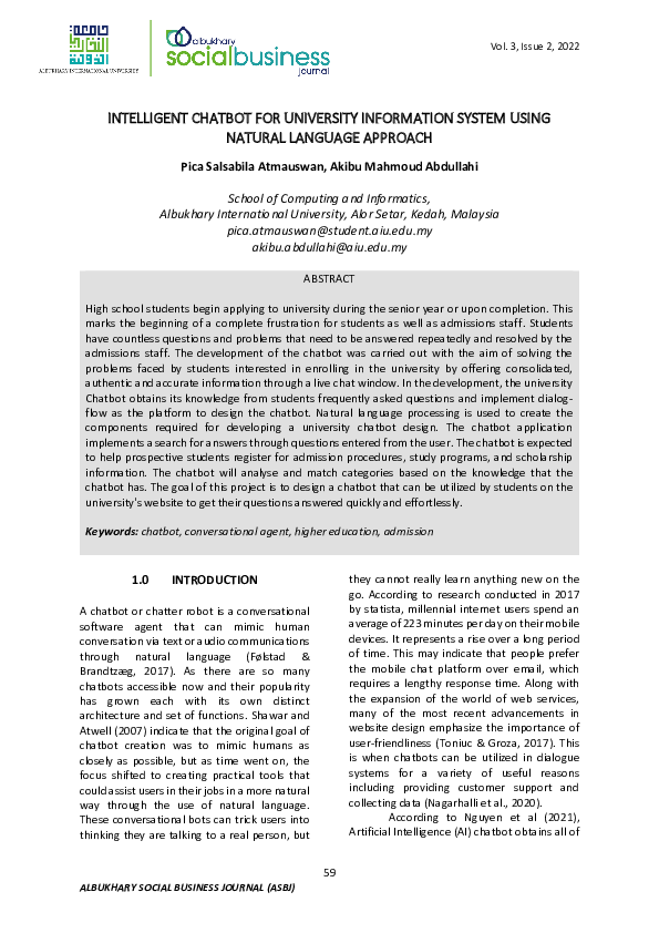 (PDF) INTELLIGENT CHATBOT FOR UNIVERSITY INFORMATION SYSTEM USING NATURAL LANGUAGE APPROACH