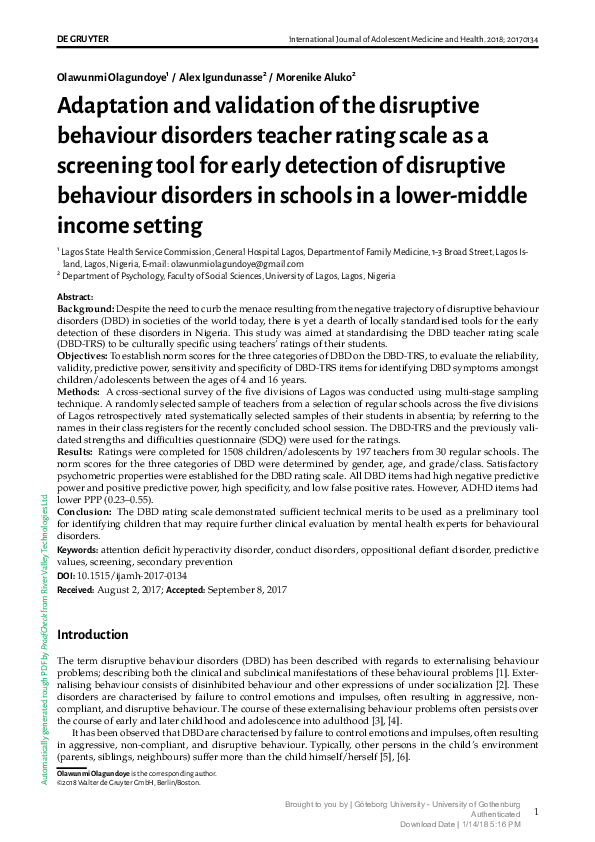 (PDF) Adaptation and validation of the disruptive behaviour disorders ...