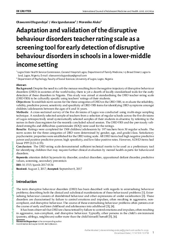 (PDF) Disruptive Behaviour Disorders Teacher Rating Scale--Nigerian Version