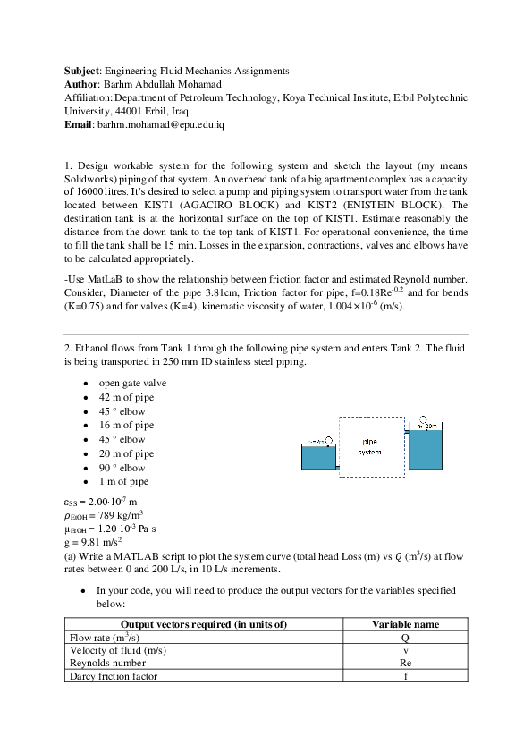 (PDF) Engineering Fluid Mechanics Assignments