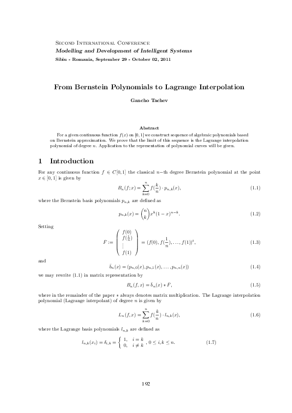(PDF) From Bernstein Polynomials to Lagrange Interpolation