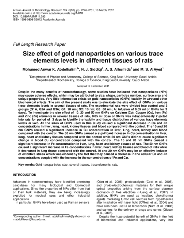 (PDF) Size effect of gold nanoparticles on various trace elements levels in different tissues of ...