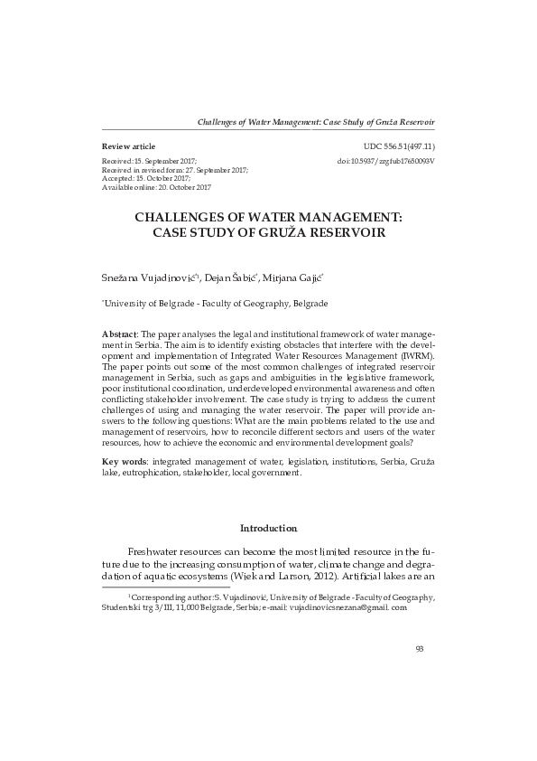 (PDF) Challenges of water management: Case study of Gruža reservoir