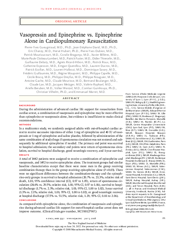 (PDF) Vasopressin and Epinephrine vs. Epinephrine Alone in Cardiopulmonary Resuscitation