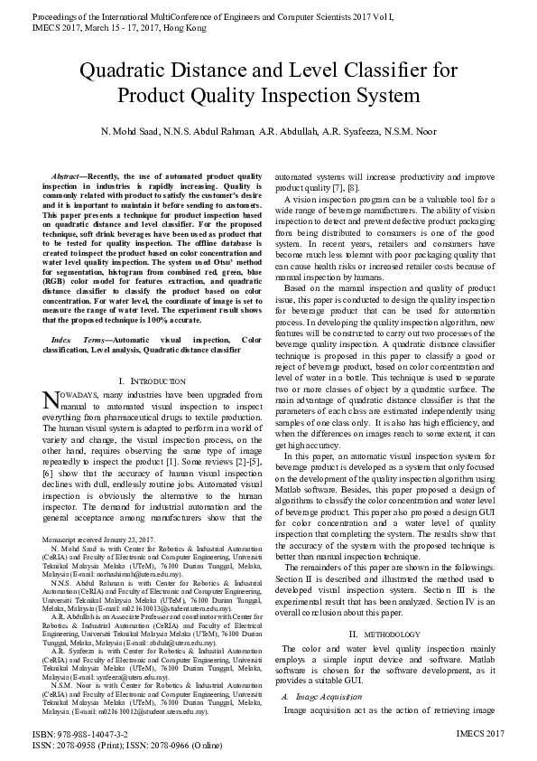 (PDF) Quadratic Distance and Level Classifier for Product Quality Inspection System
