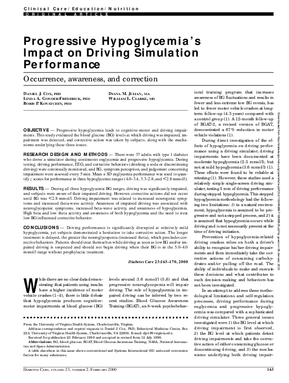 (PDF) Progressive hypoglycemia's impact on driving simulation ...