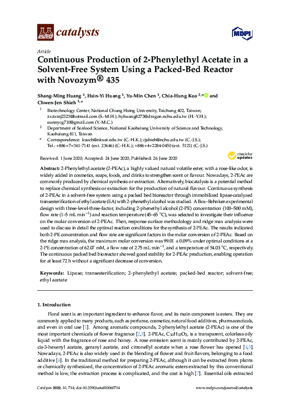 (PDF) Continuous Production of 2-Phenylethyl Acetate in a Solvent-Free ...