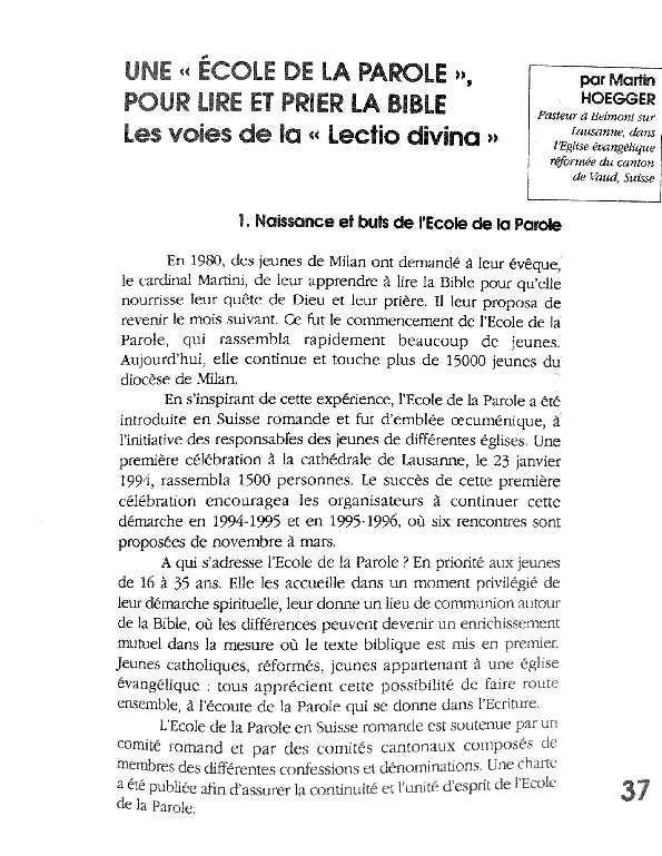 (PDF) Martin Hoegger, Une Ecole de la Parole pour lire et prier la Bible
