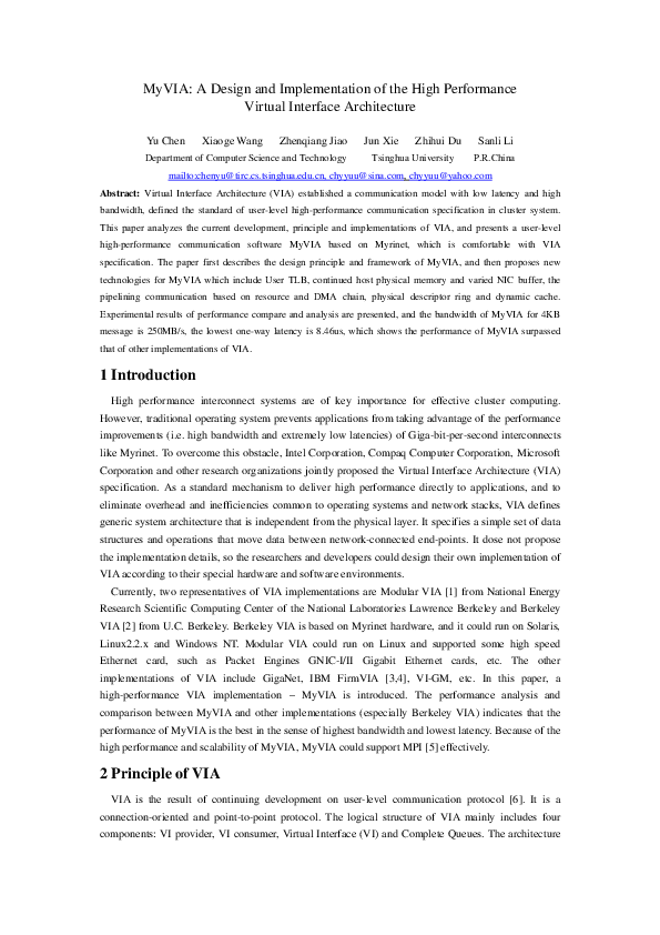 (PDF) MyVIA: a design and implementation of the high performance Virtual Interface Architecture