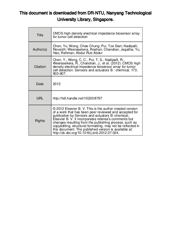 Pdf Cmos High Density Electrical Impedance Biosensor Array For Tumor Cell Detection Yu Min