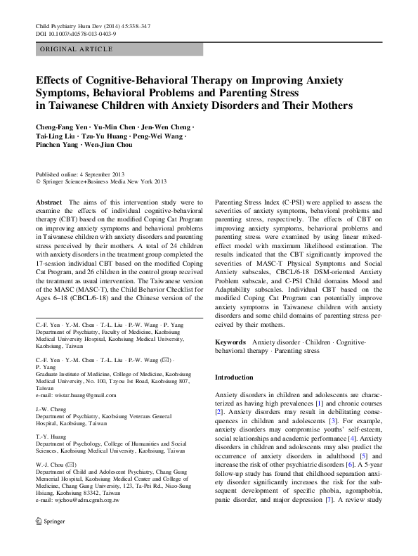 (PDF) Effects of Cognitive-Behavioral Therapy on Improving Anxiety Symptoms, Behavioral Problems ...