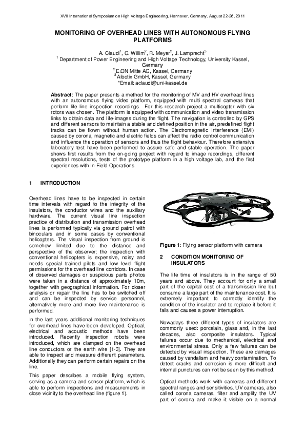 (PDF) Monitoring of Overhead Lines with Autonomous Flying Platforms | Albert Claudi - Academia.edu