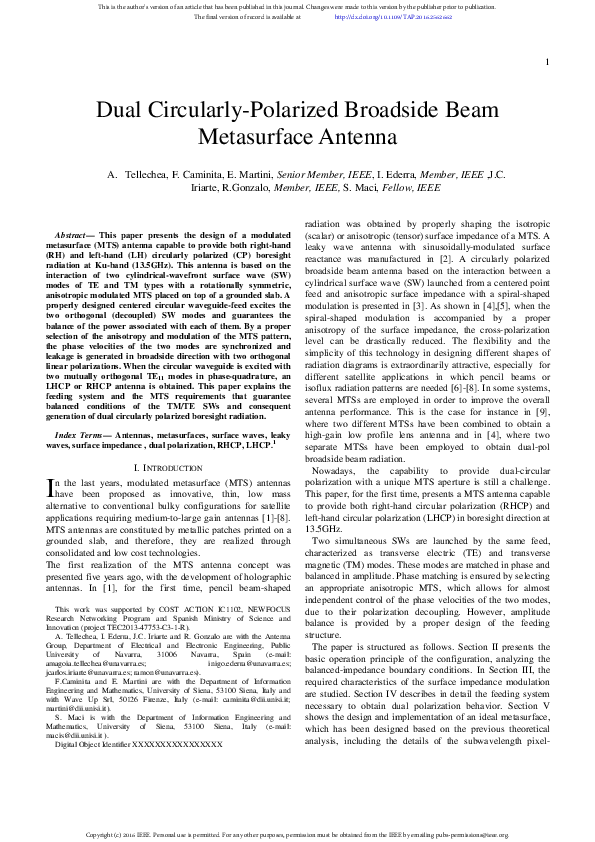(PDF) Dual Circularly Polarized Broadside Beam Metasurface Antenna