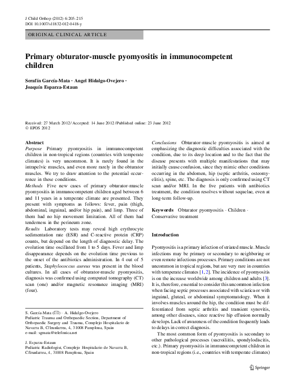 (PDF) Primary obturator-muscle pyomyositis in immunocompetent children