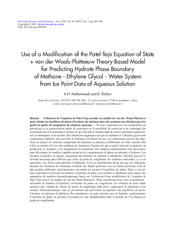 (PDF) Use of a Modification of the Patel-Teja Equation of State + van ...
