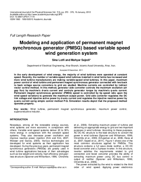Pdf Modeling And Application Of Permanent Magnet Synchronous