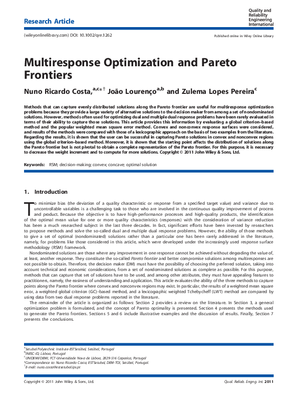 (PDF) Multiresponse Optimization and Pareto Frontiers