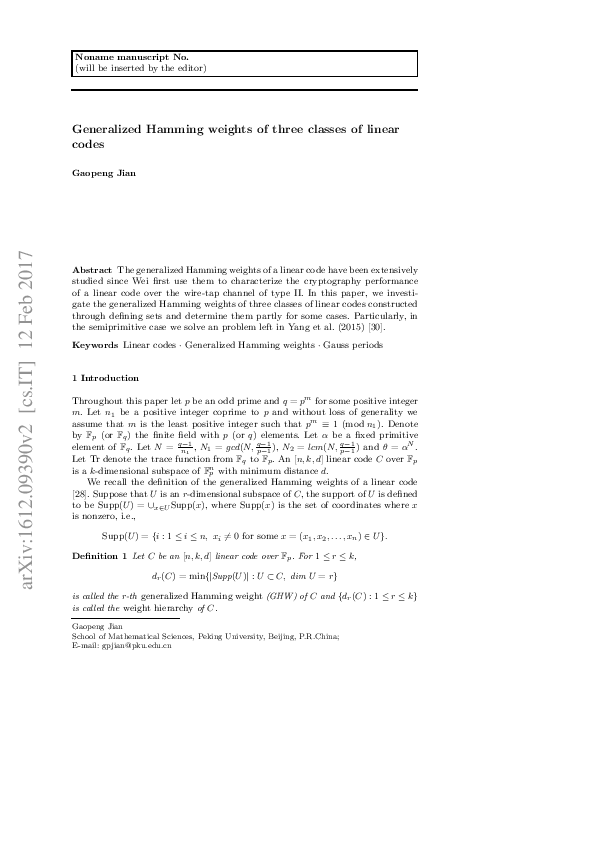 (PDF) Generalized Hamming weights of three classes of linear codes