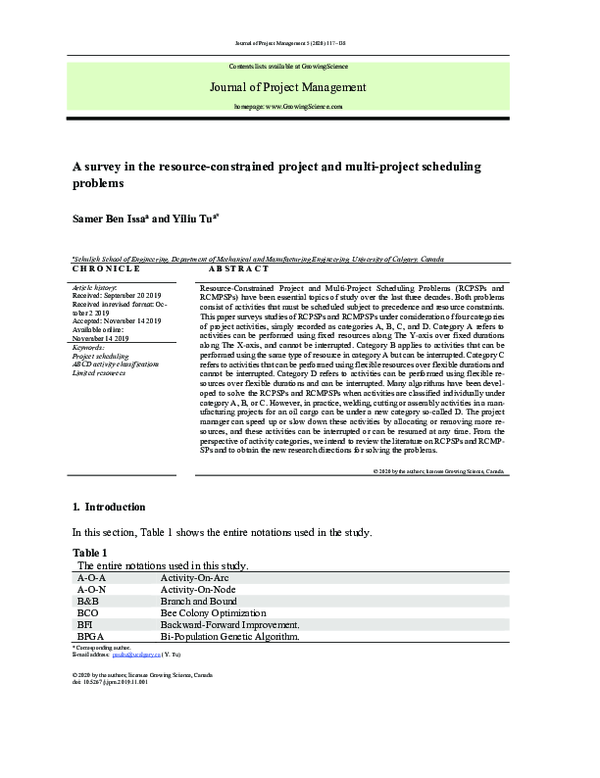 Pdf A Survey In The Resource Constrained Project And Multi Project