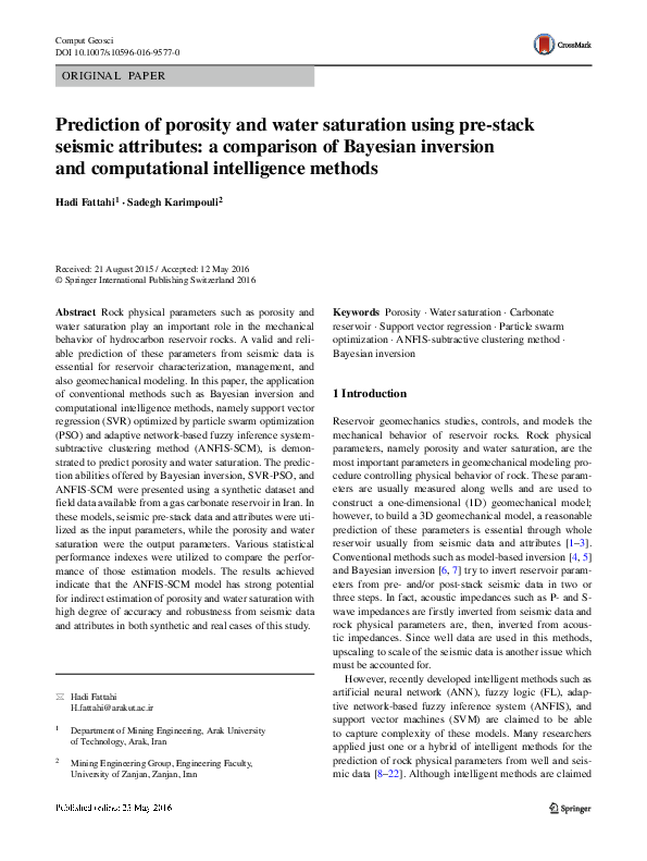 Pdf Prediction Of Porosity And Water Saturation Using Pre Stack Seismic Attributes A