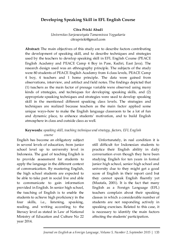(PDF) Developing Speaking Skill in EFL English Course