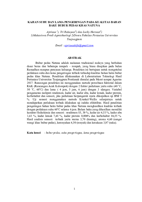 (PDF) Kajian Suhu Dan Lama Pengeringan Pada Kualitas Bahan Baku Bubur Pedas Khas Natuna