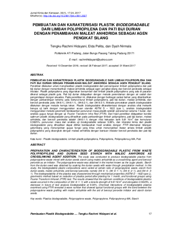 (PDF) Pembuatan dan Karakterisasi Plastik Biodegradable dari Limbah ...