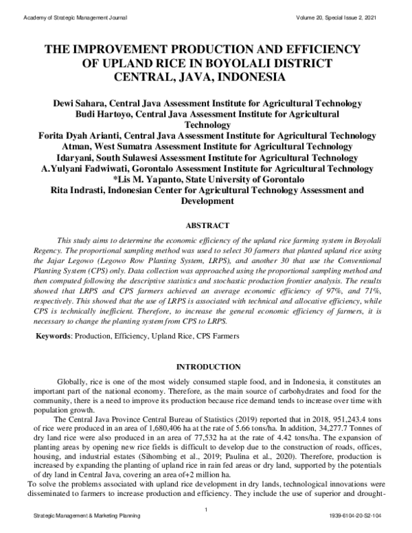 (PDF) The Improvement Production and Efficiency of Upland Rice in Boyolali District Central ...