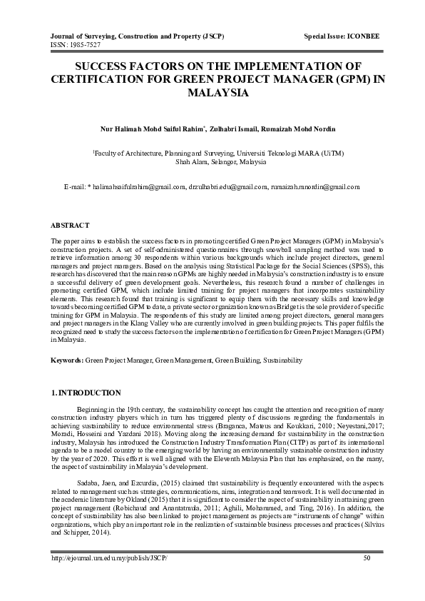 (PDF) Success Factors on the Implementation of Certification for Green ...