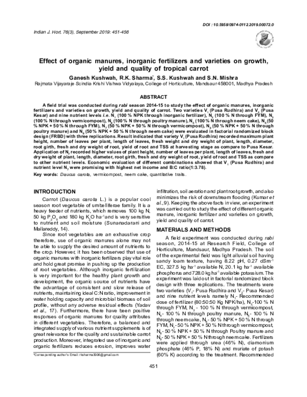 (PDF) Effect of organic manures, inorganic fertilizers and varieties on growth, yield and ...