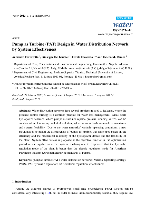 (PDF) Energy Recovery in Water Distribution Networks using PATs