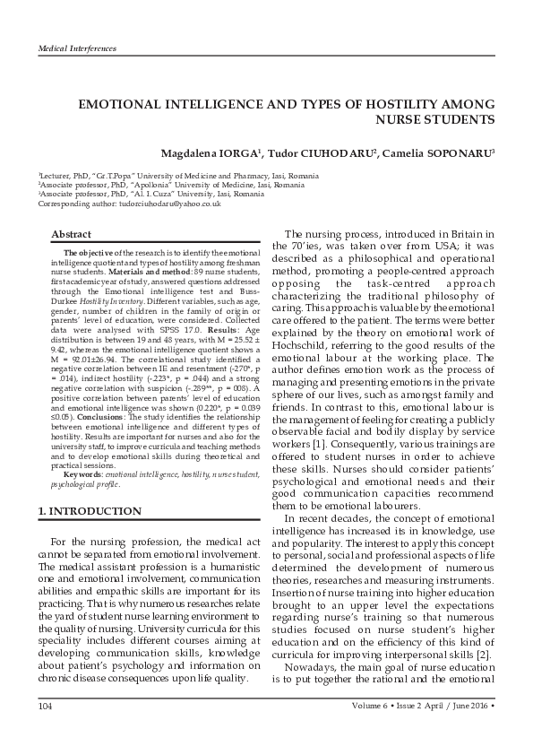 (PDF) Emotional Intelligence and Types of Hostility Among Nurse Students