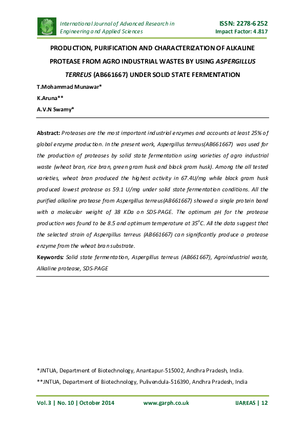 (PDF) Production, purification and characterization of alkaline protease from agro industrial ...