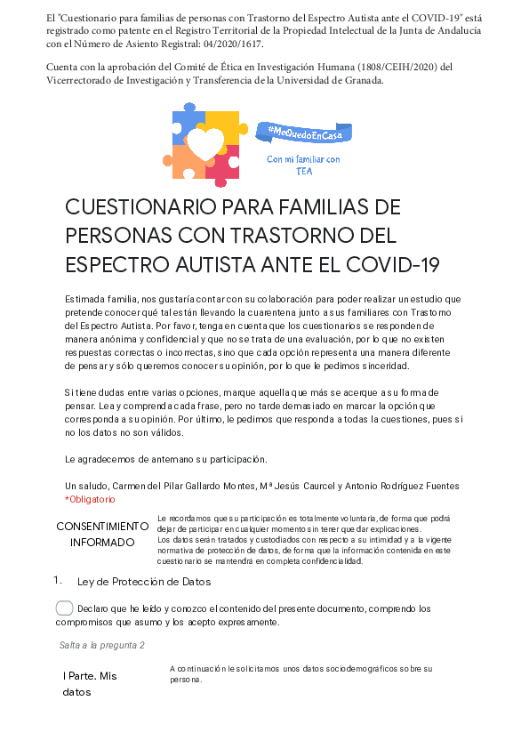 (PDF) Cuestionario para familias de personas con Trastorno del Espectro Autista ante el COVID-19