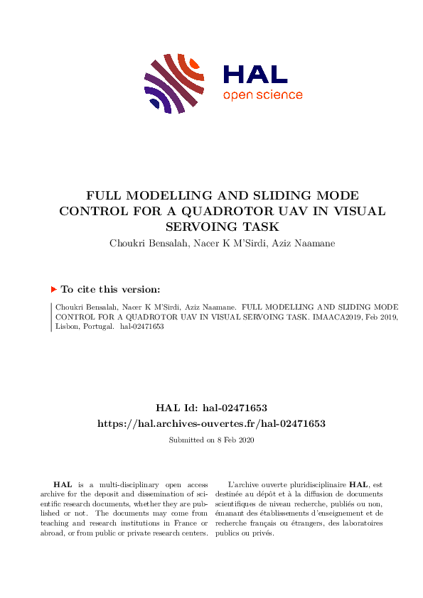 Pdf Full Modelling And Sliding Mode Control For A Quadrotor Uav In Visual Servoing Task