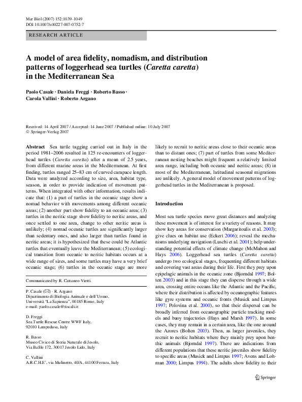 (PDF) A model of area fidelity, nomadism, and distribution patterns of loggerhead sea turtles ...