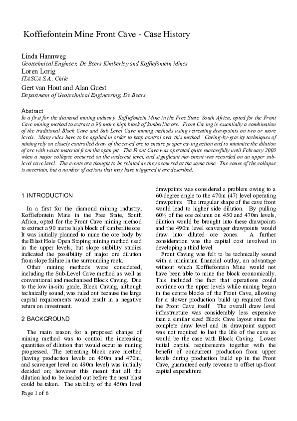 (PDF) Koffiefontein Mine Front Cave - Case History