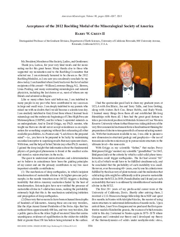 (PDF) Acceptance of the 2012 Roebling Medal of the Mineralogical ...