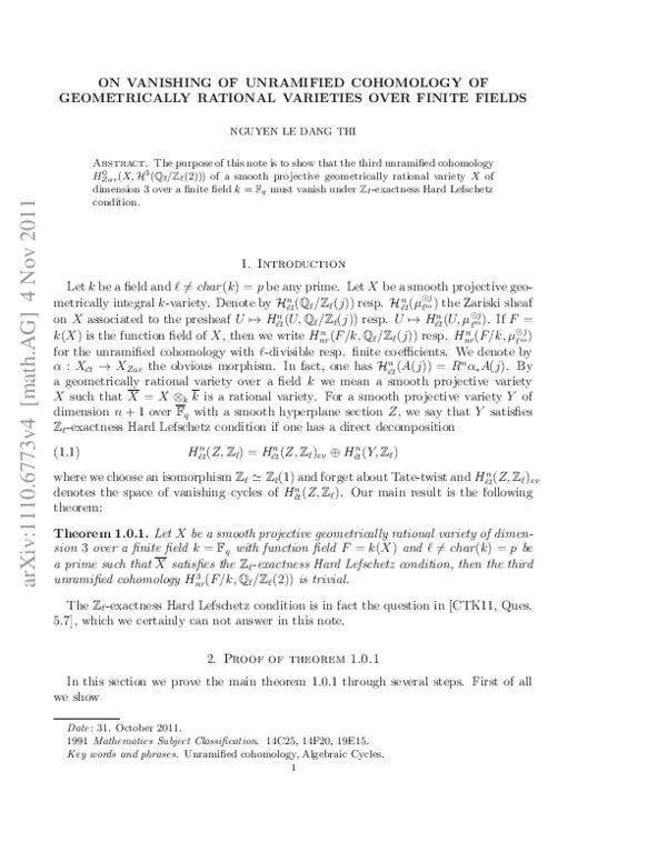 (PDF) On vanishing of unramified cohomology of geometrically rational ...