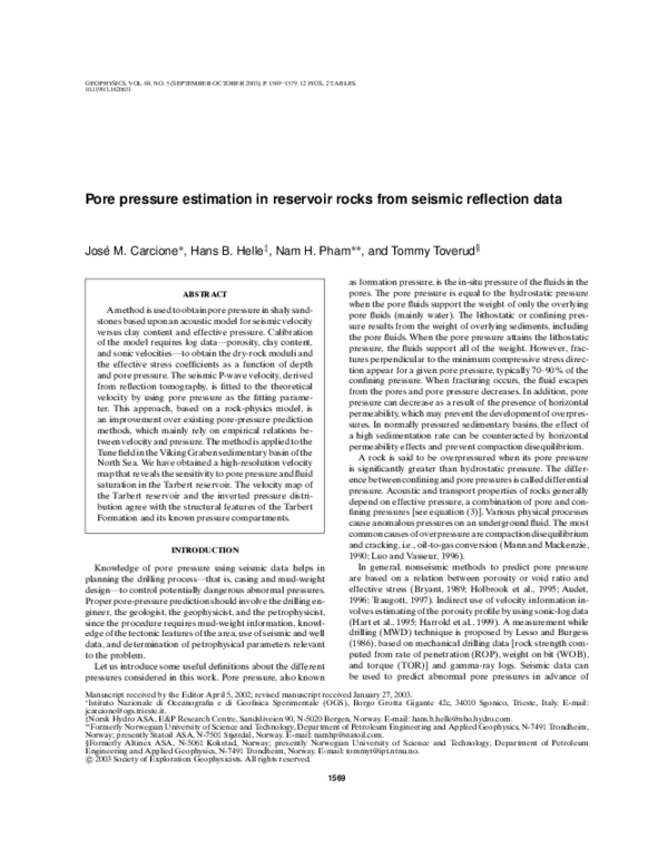 Pdf Pore Pressure Estimation In Reservoir Rocks From Seismic Reflection Data