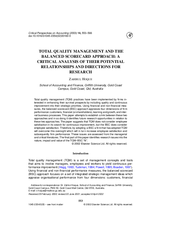 (PDF) Total Quality Management and the Balanced Scorecard Approach: A Critical Analysis of Their ...