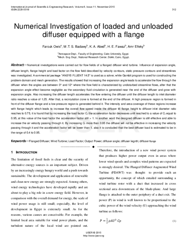 (PDF) Numerical Investigation of loaded and unloaded diffuser equipped with a flange