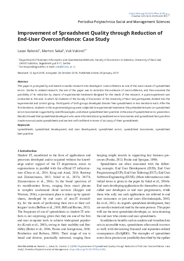 (PDF) Improvement of Spreadsheet Quality through Reduction of End-User Overconfidence: Case Study