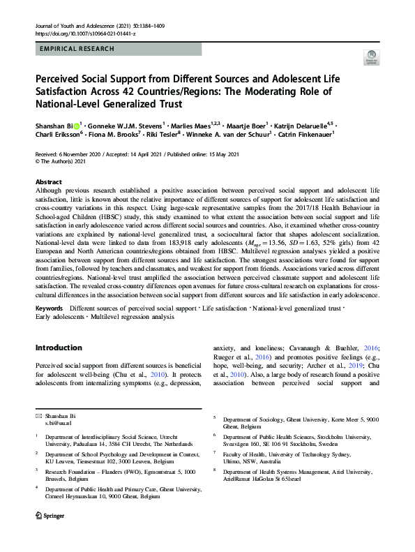 (PDF) Perceived Social Support from Different Sources and Adolescent ...